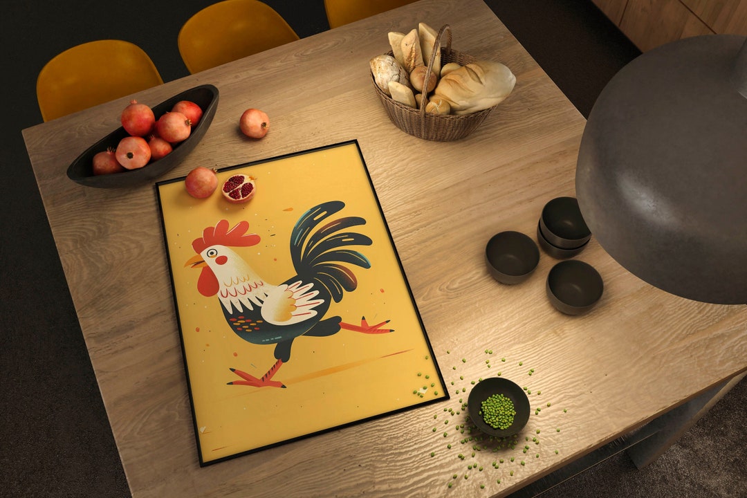 Retro Rooster Art Print, Whimsical Rooster Kitchen Decor, Farmhouse ...