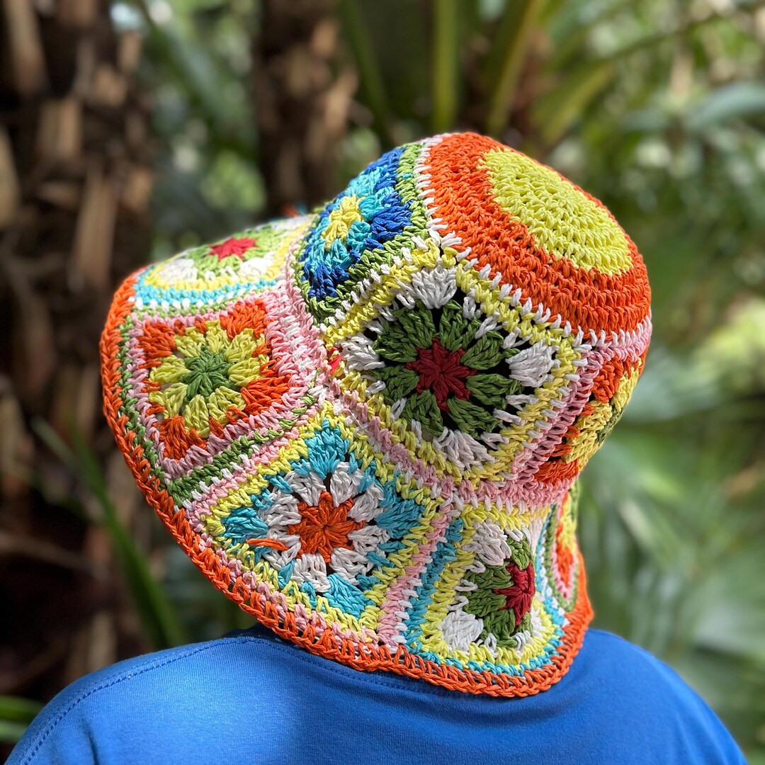 Vintage Straw Bucket Hat, Granny Square Straw Bucket Hat, Orange Hat ...