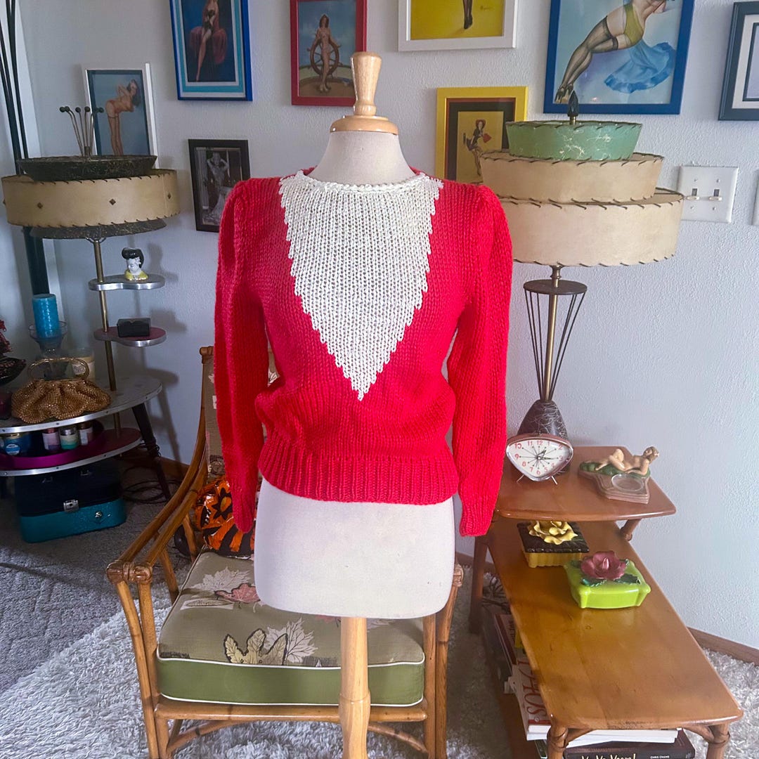 Vintage 1940s Style Sweater: Red Pullover - Victory V - Crewneck - Puff ...
