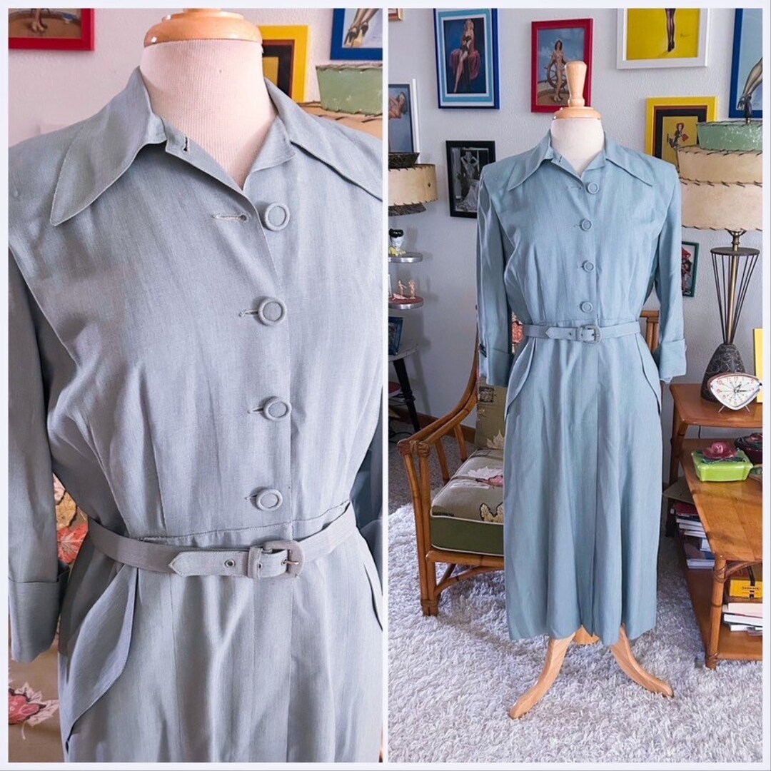 1940s Dress / 40s Green Shirtwaist Dress / Vintage 1940s Dress Green ...