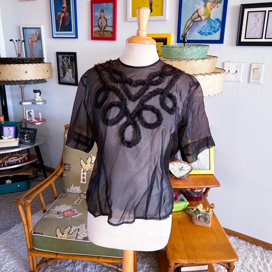 Vintage 1940s Blouse/ 40s Black Sheer Nylon Blouse / Button Back / M L ...