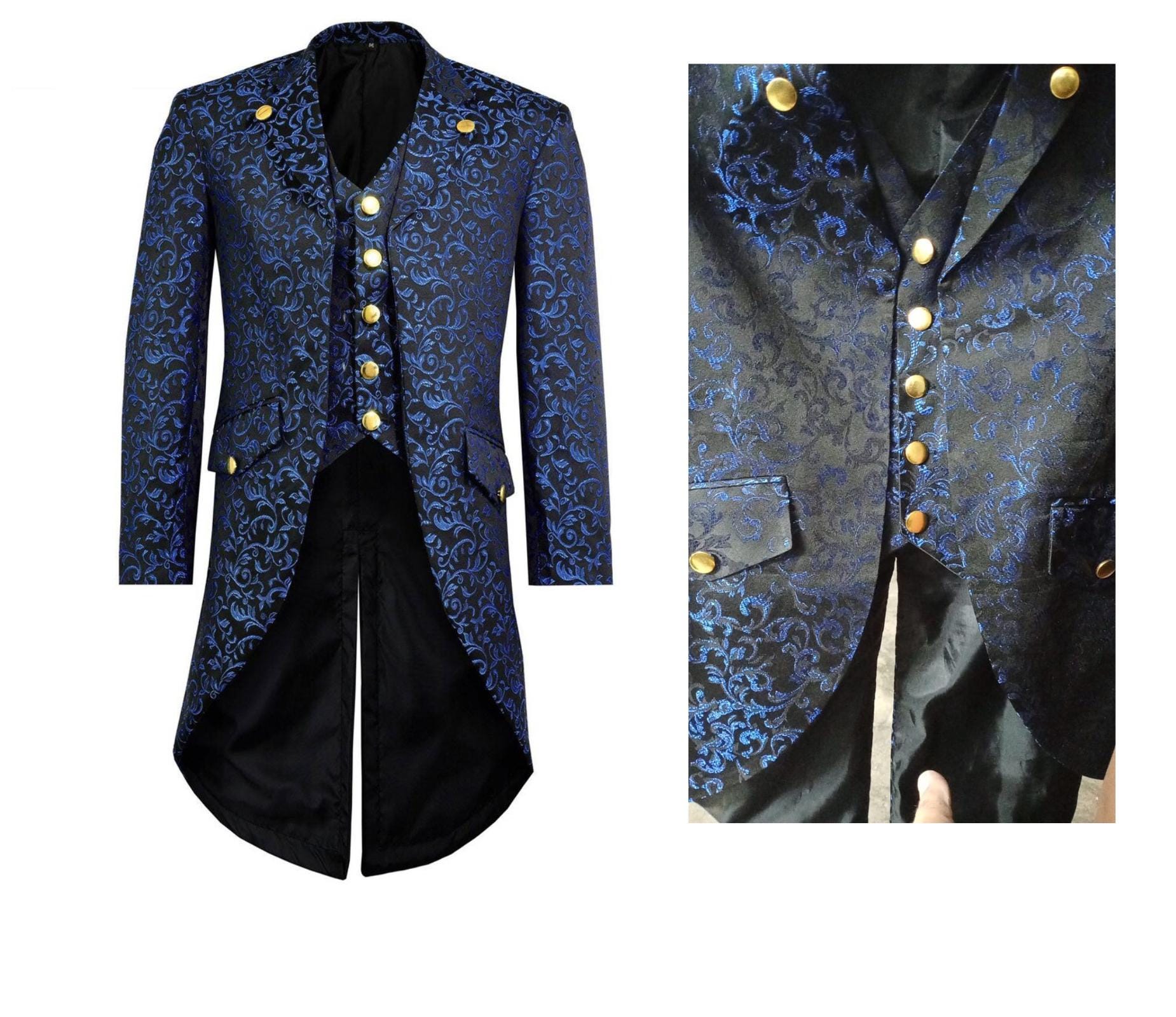 Men's Steampunk Tailcoat, Men's Gothic Brocade Blue Coat, Handmade Long ...