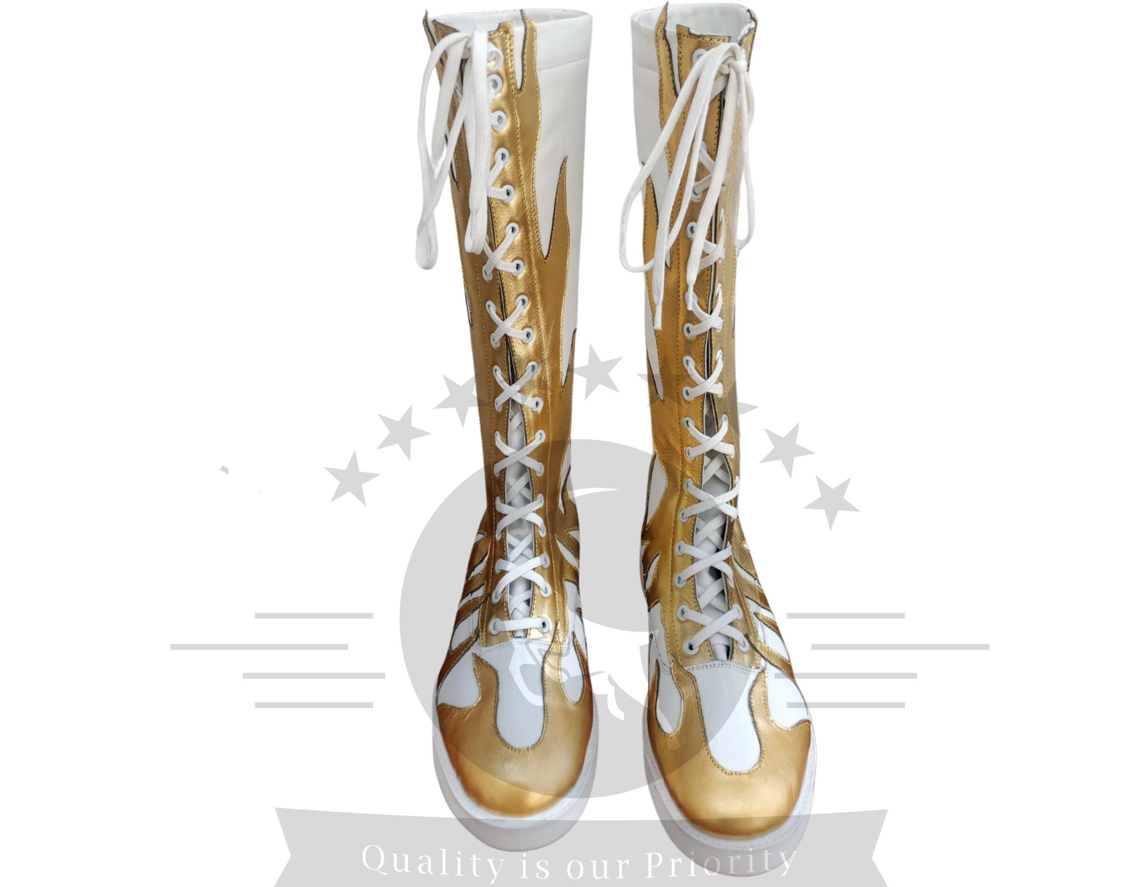 Customize Wrestling Gold White Leather Boots, Handmade Real Leather ...