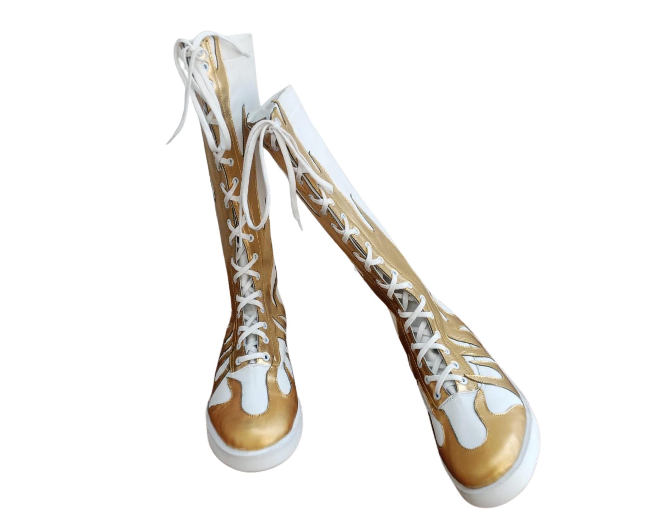 Customize Wrestling Gold White Leather Boots, Handmade Real Leather ...