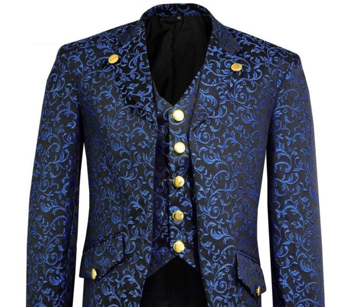 Men's Steampunk Tailcoat, Men's Gothic Brocade Blue Coat, Handmade Long ...