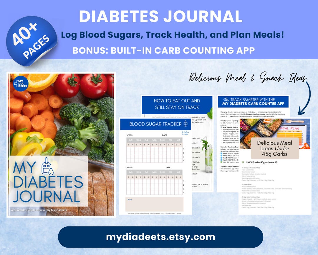 Diabetes Journal With Carb Counter App | Printable Blood Sugar & Food ...