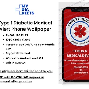 Type 1 Diabetic Medical Alert Phone Wallpaper (canva Editable, Digital ...