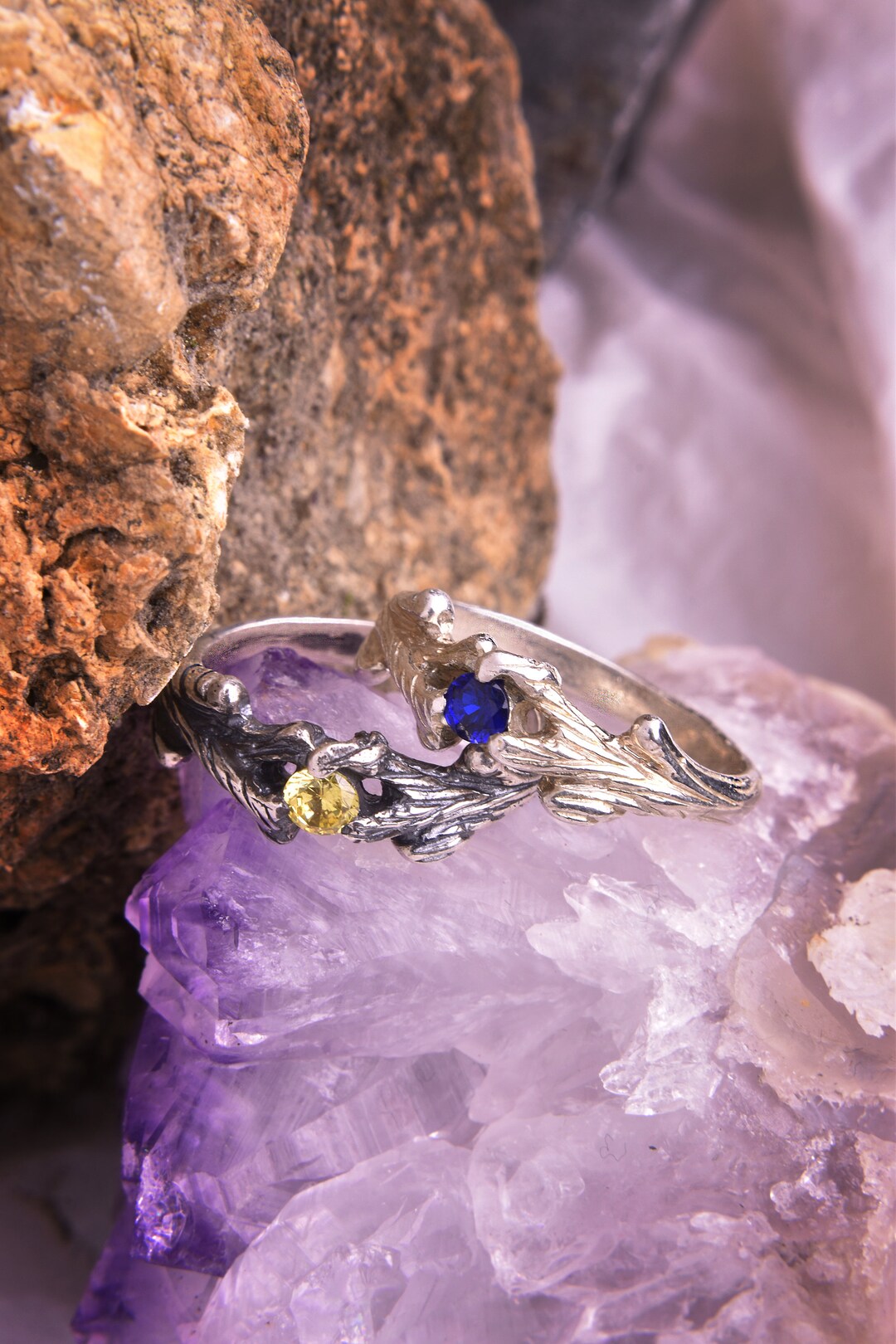 Earthy Leaf Ring With Topaz Stone, Handcrafted Silver Promise Ring ...