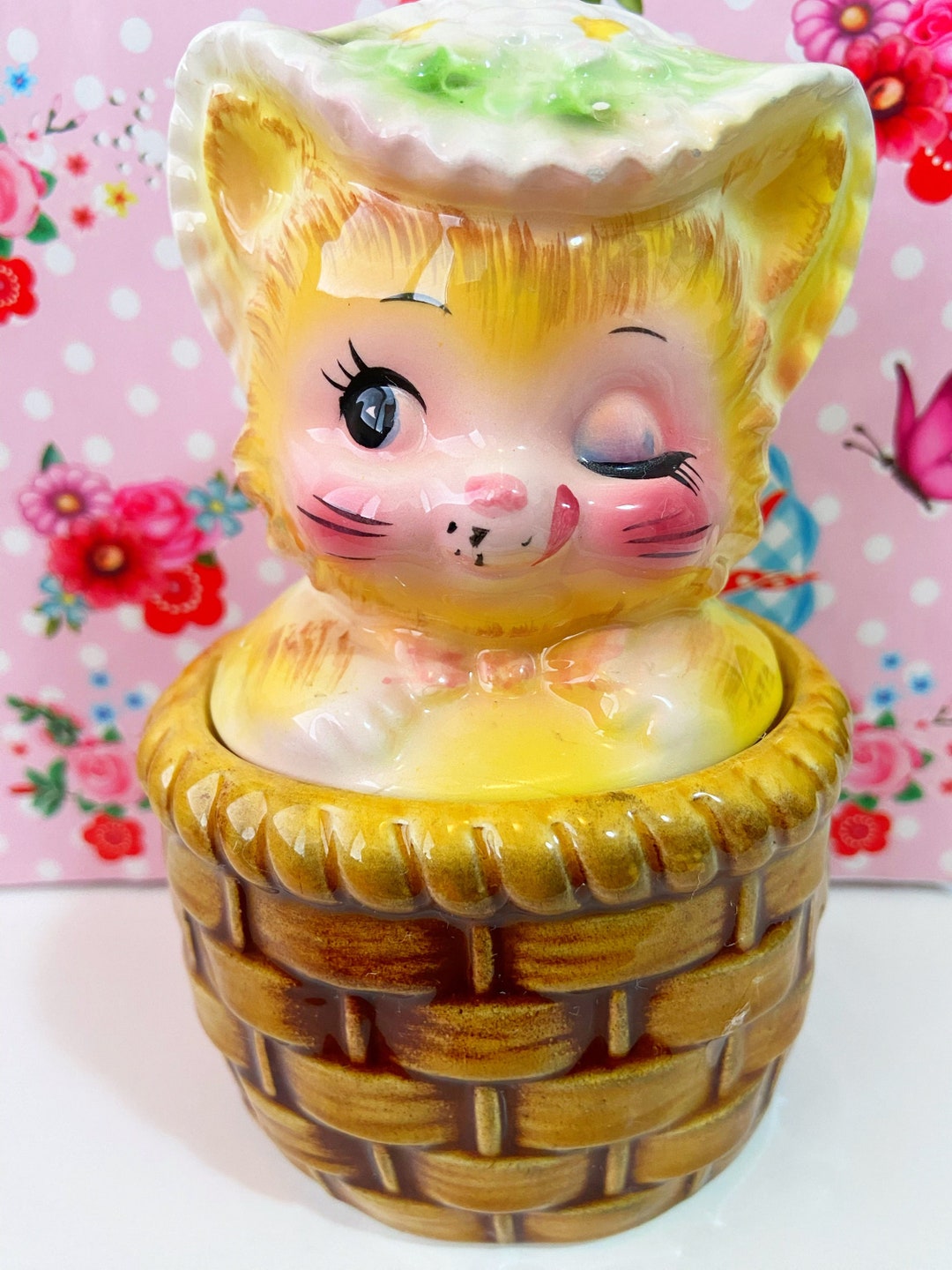RARE Vintage Winking Kitty Cat in A Basket Collectible Enesco Jam Jar ...