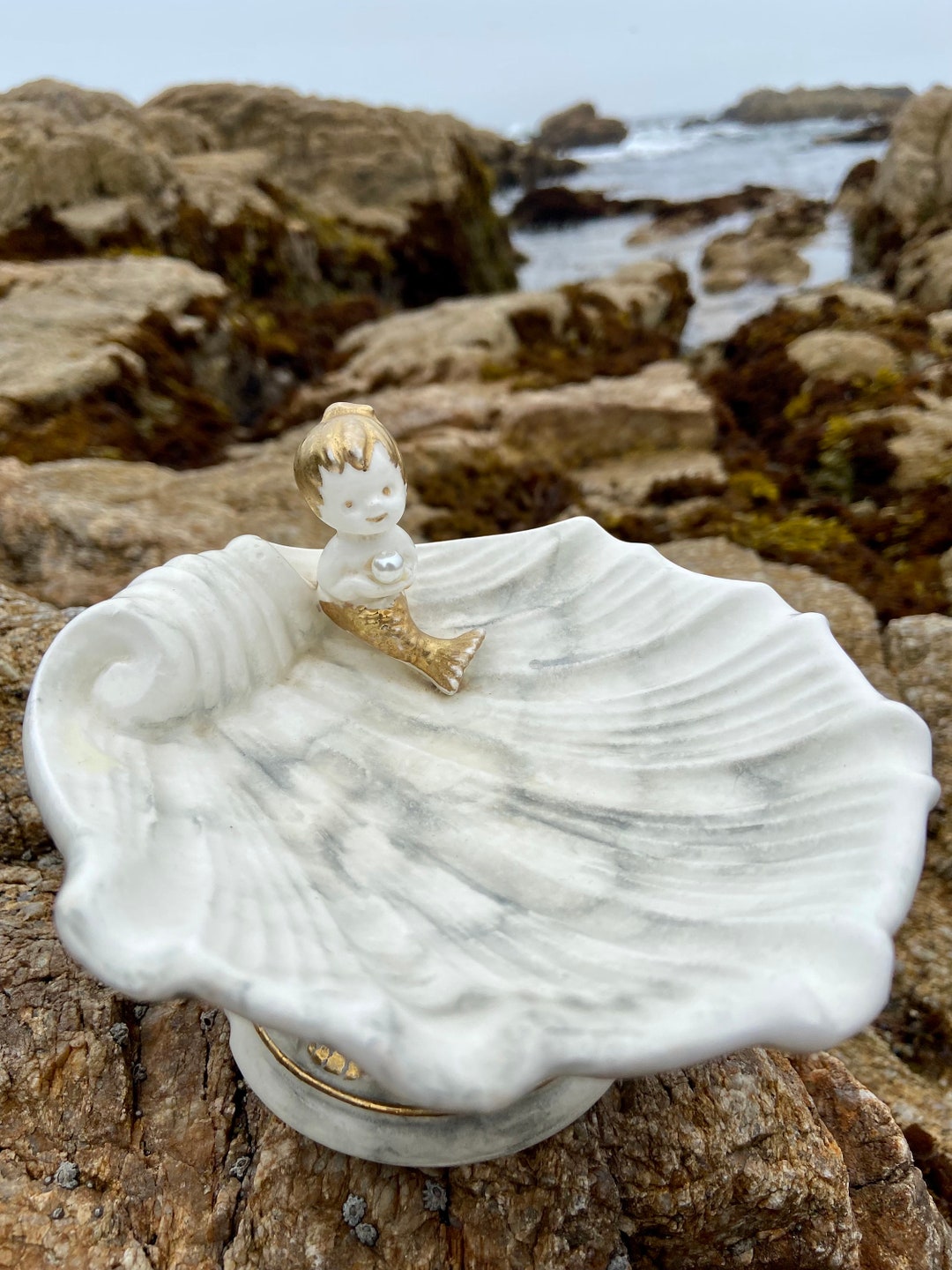 Vintage Mermaid Baby Merbaby on a Seashell Holding a Pearl - Etsy