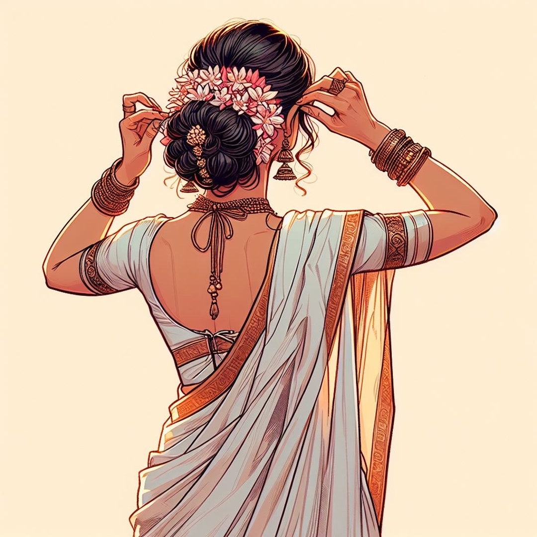 Desi Girl in a Saree Back View Adding Flowers to Her Hair Desi Art ...