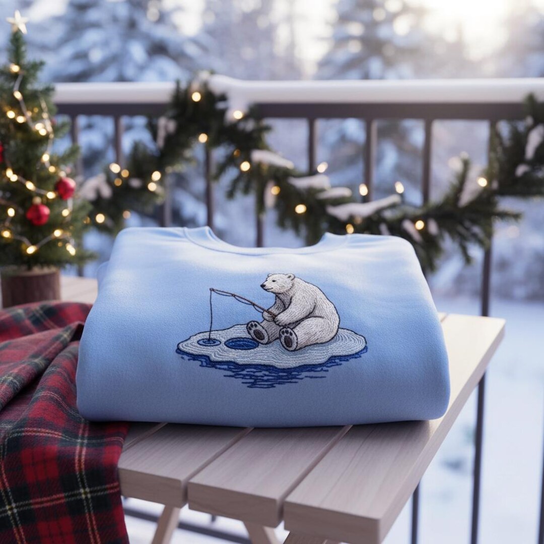 Polar Bear Embroidered Sweatshirt, Ice Fishing Winter Sweater, Outdoor ...