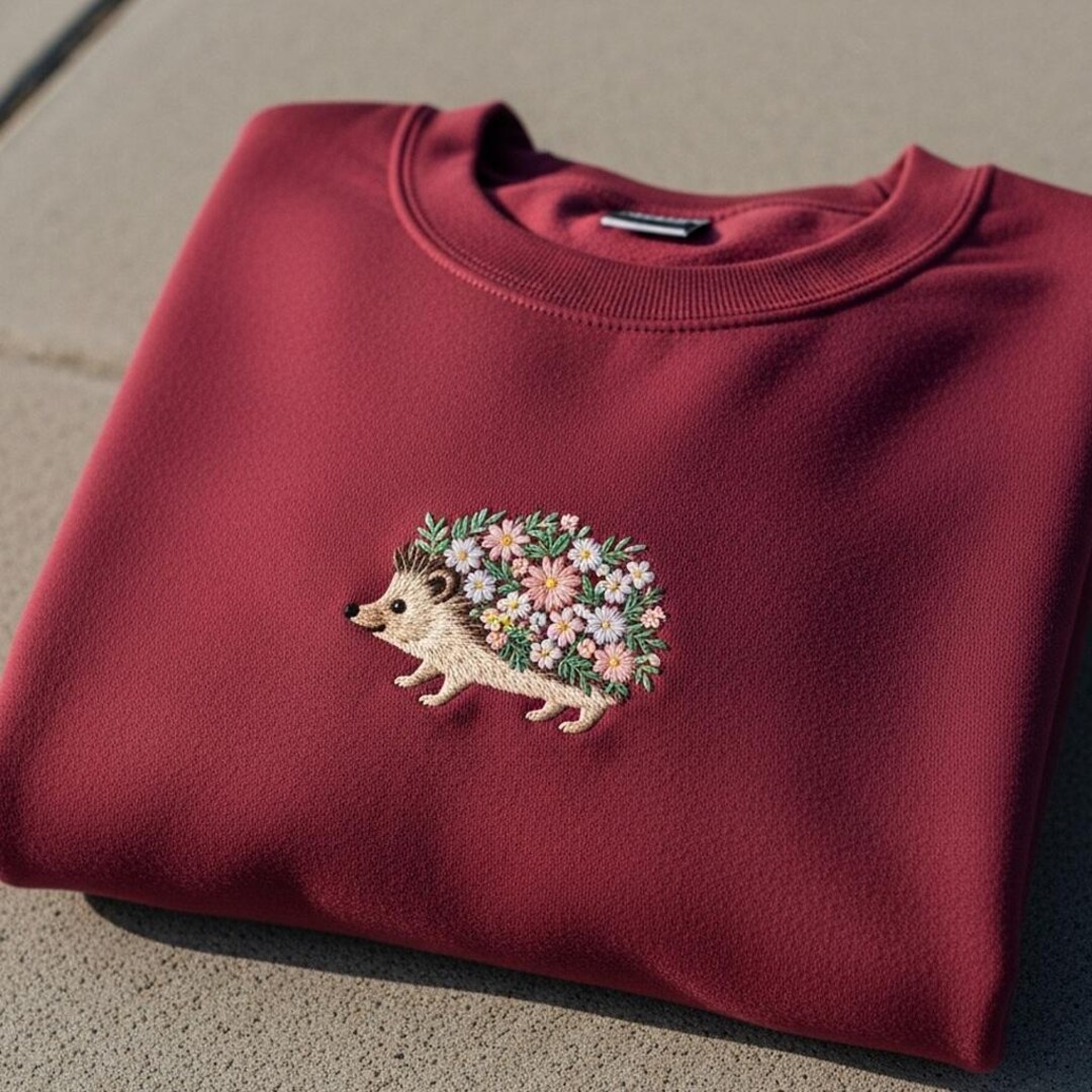 Embroidered Hedgehog Sweatshirt: Minimalist Floral Crewneck, Woodland ...