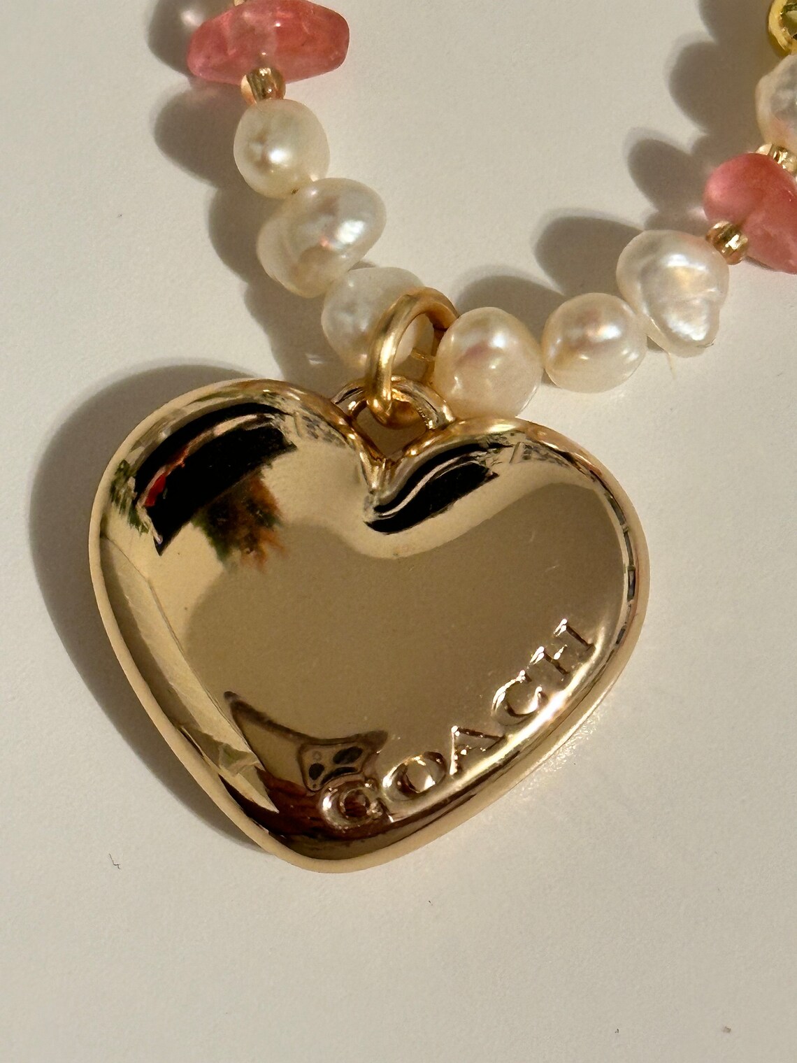 Coach Heart Pendant Freshwater Pearl and Rose Quartz Necklace - Etsy