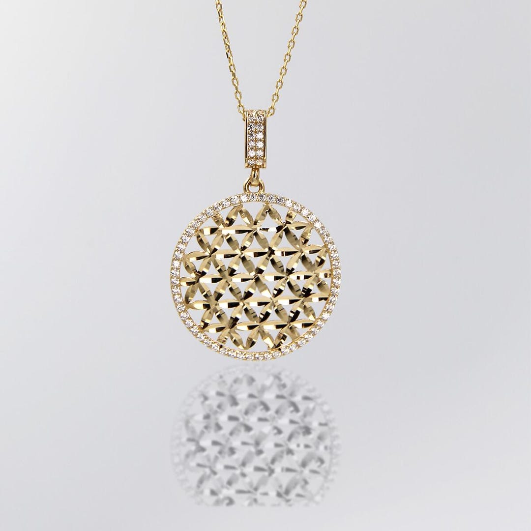 3.50 Grams Flower of Life Gold Necklace 14K Gold Necklace Women's Stone ...