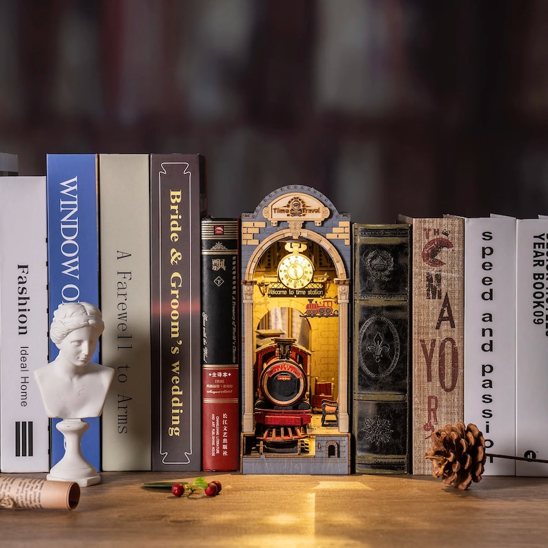 Time Train Station Book Nook Bookshelf Decoration Library Miniature ...
