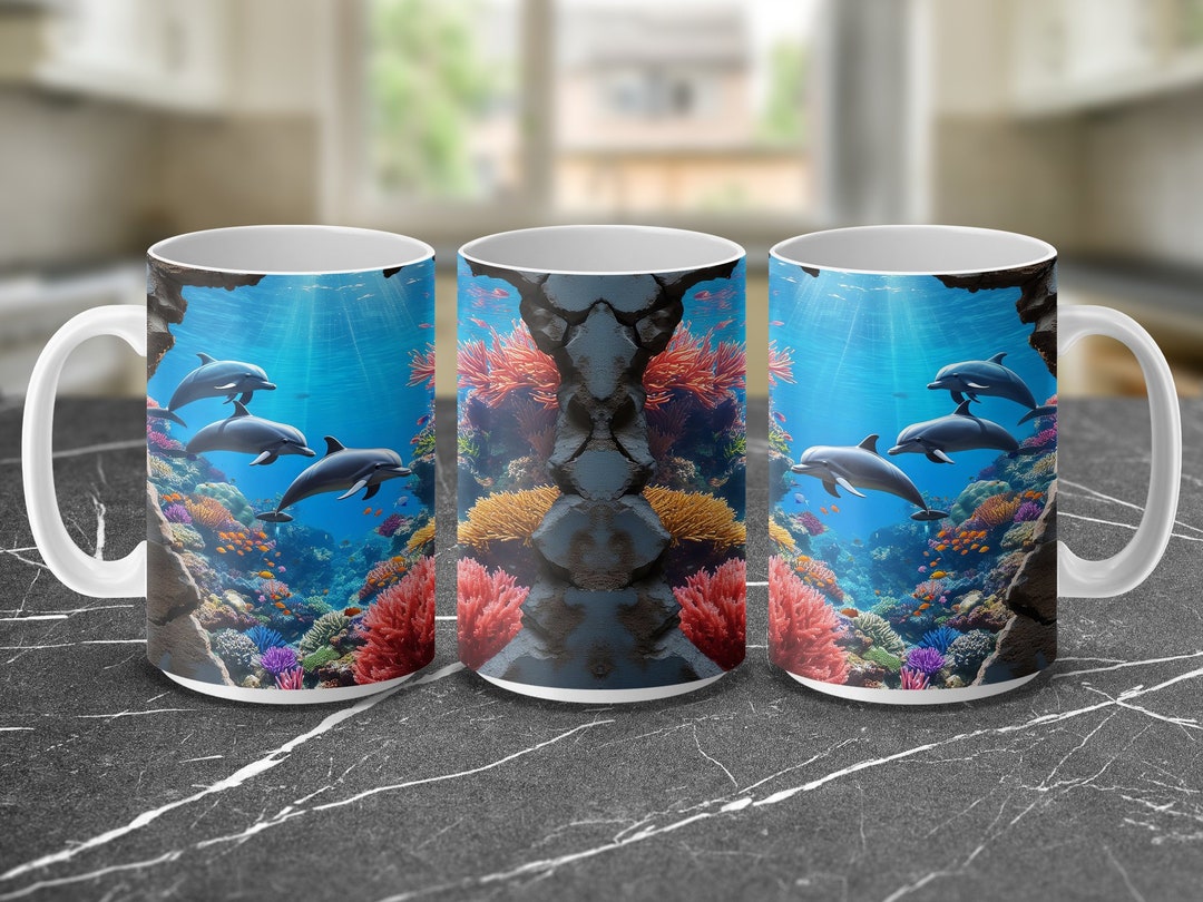 Dolphins Underwater Coral Reef Scene Mug, Unique Marine Life Coffee Mug ...