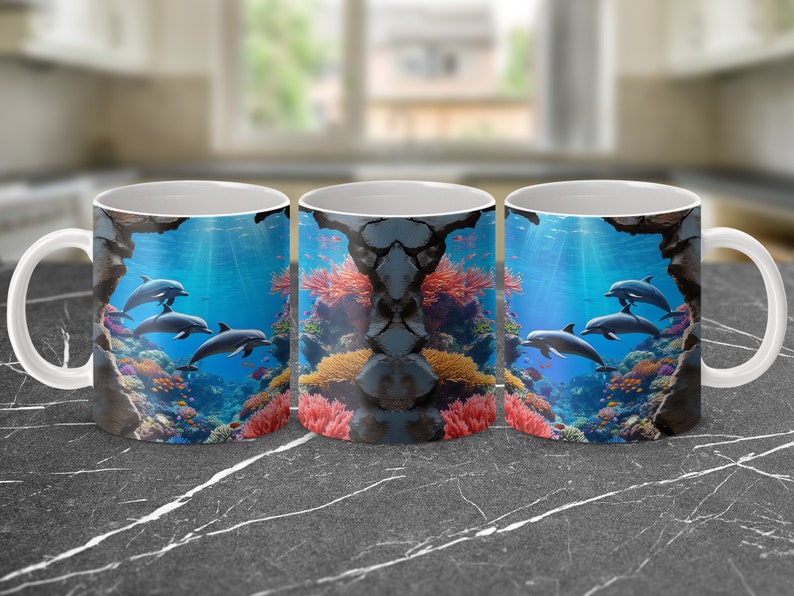 Dolphins Underwater Coral Reef Scene Mug, Unique Marine Life Coffee Mug ...