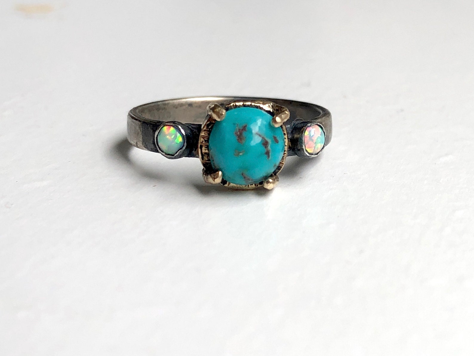 Turquoise and Opal Mixed Metal Ring Handmade in Black and Gold | Etsy