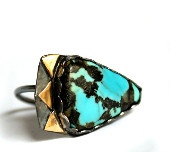 Items similar to Turquoise Triangle Ring with Brass Triangles- Handmade ...