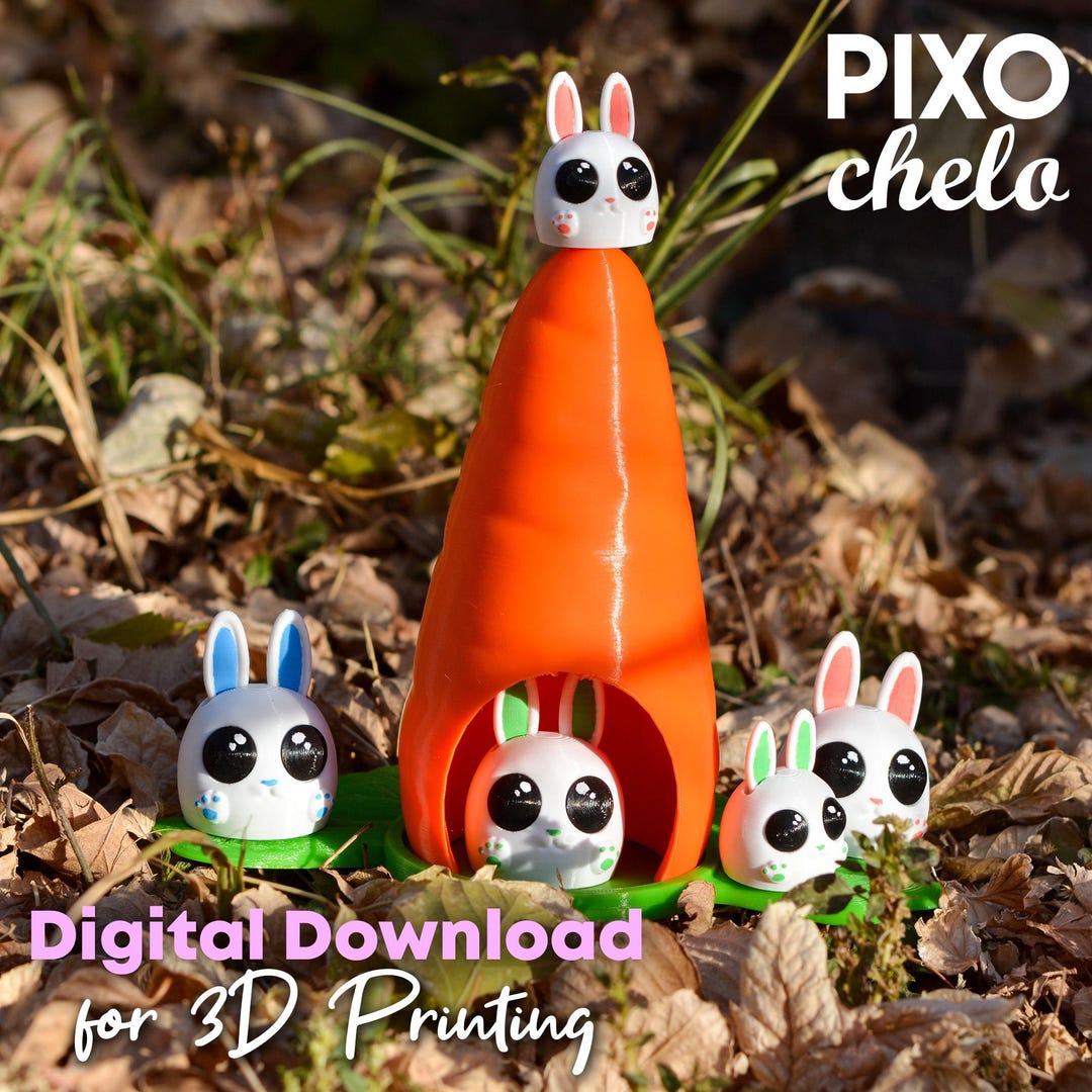 3D Printing .STL File, Articulated Mini Bunny, Carrot House (digital ...