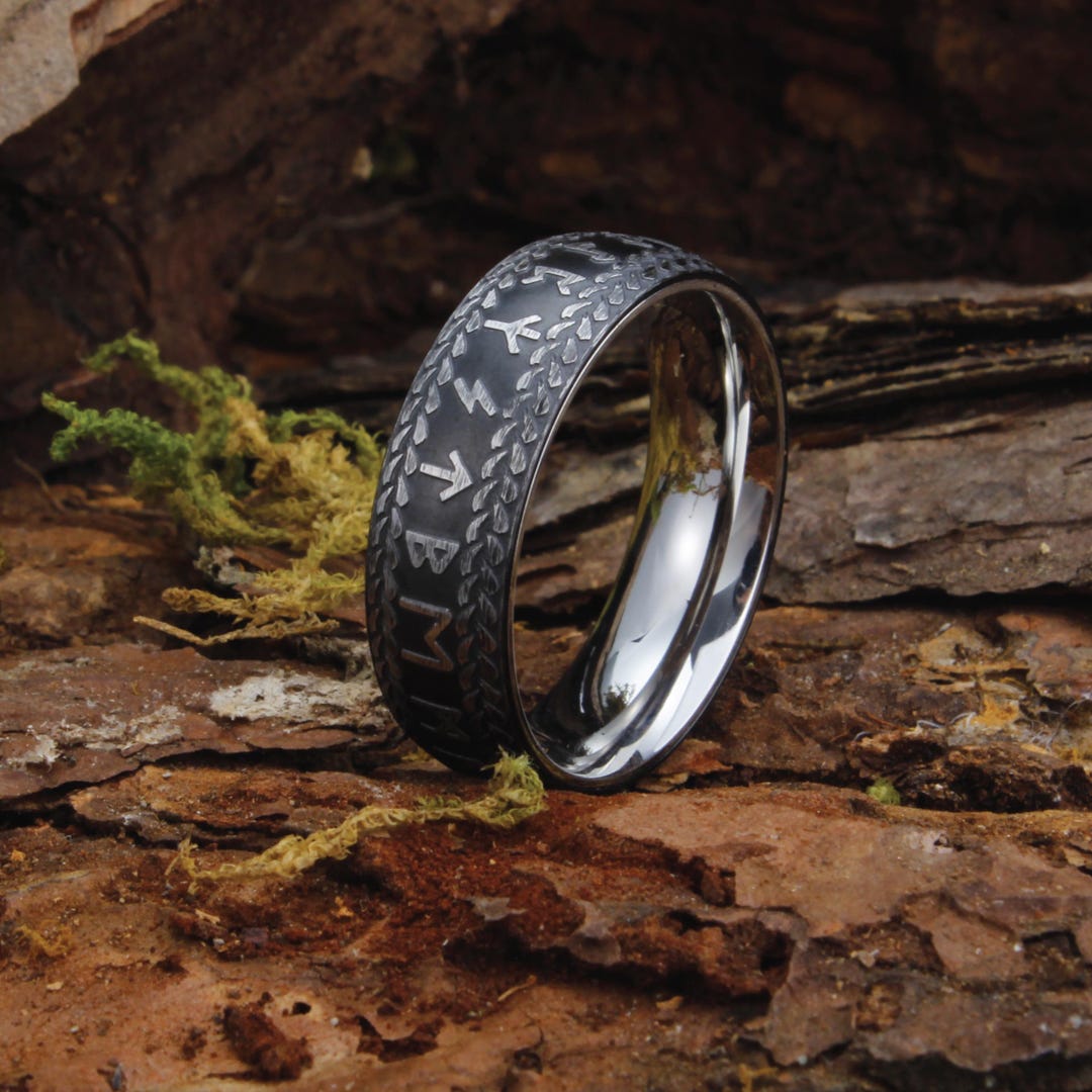 Gothic Runes Silver Polished Interior Viking Ring, Stainless Steel ...