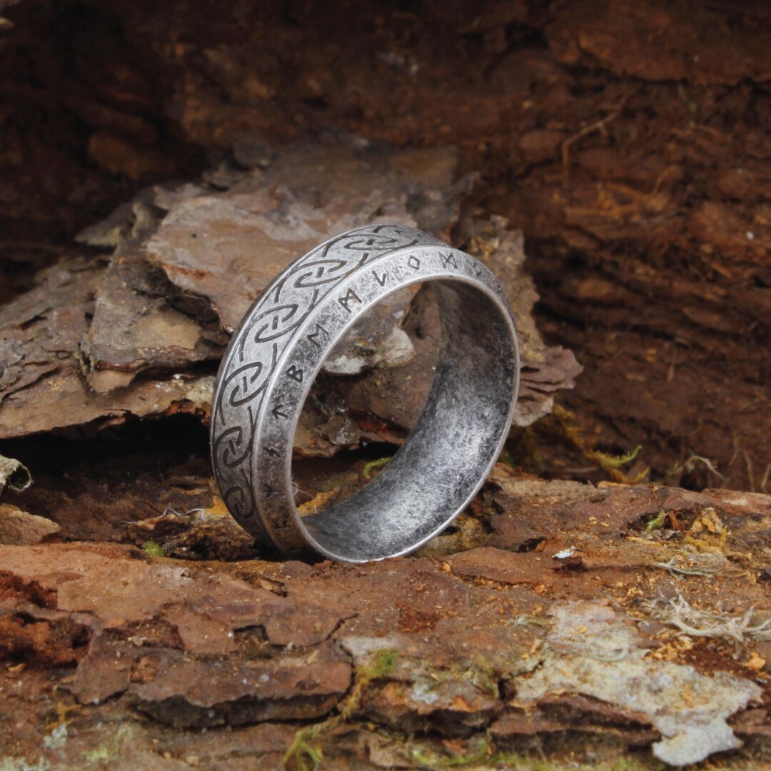 Gothic Runes Silver Swirl Viking Ring, Stainless Steel Jewelry, Goth ...