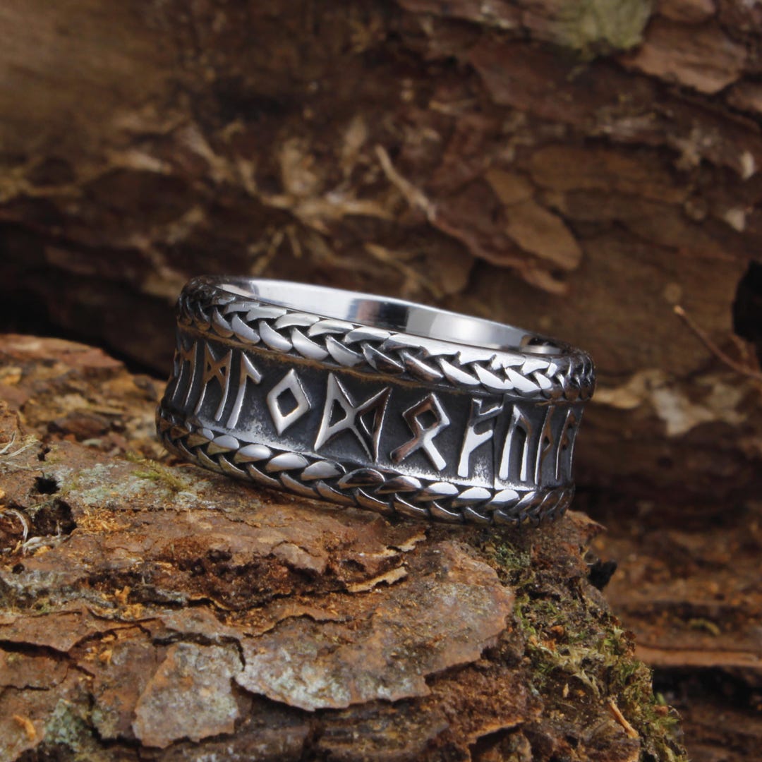 Gothic Runes Silver Thick Braid Viking Ring, Stainless Steel Jewelry ...