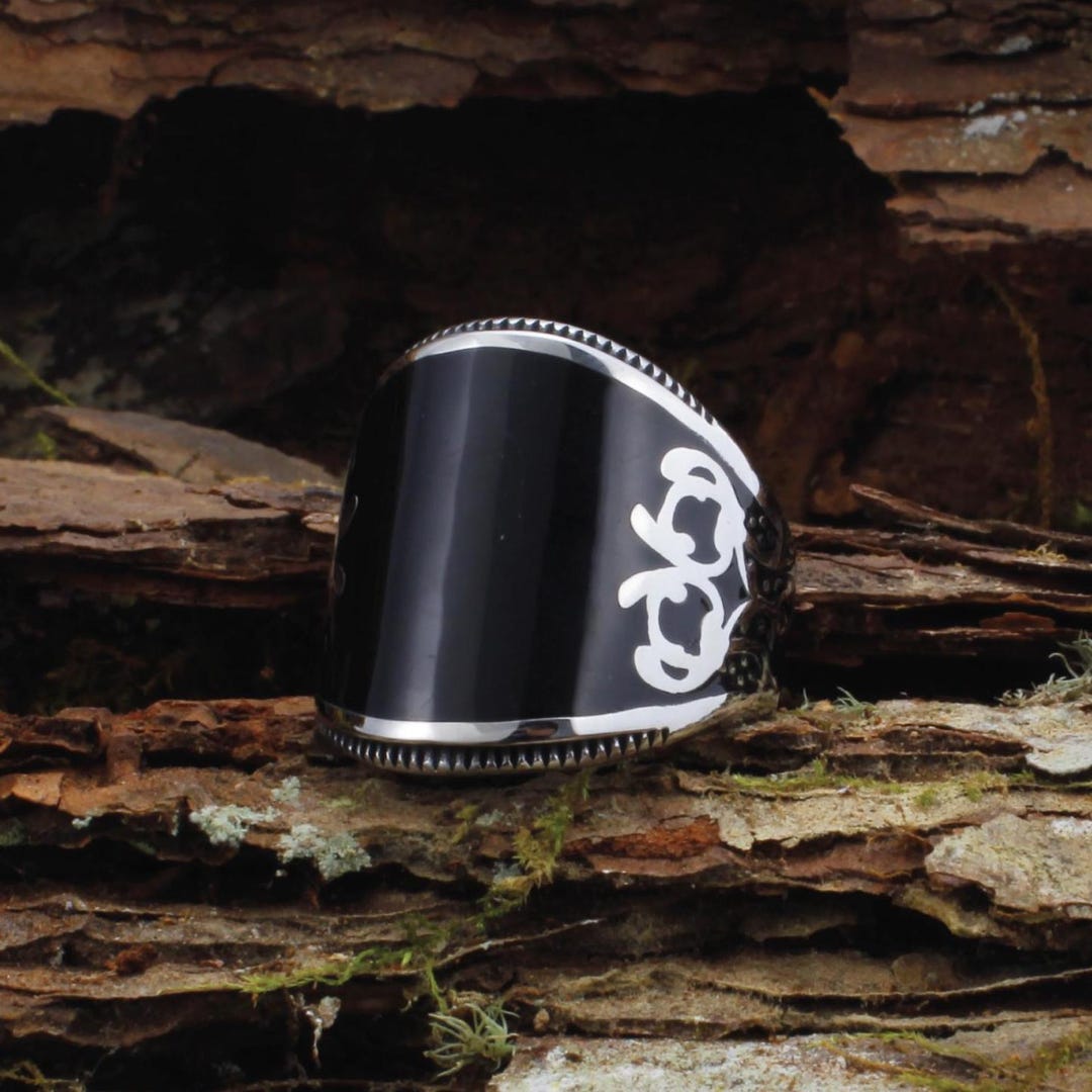 Curved Black Gemstone Titanium Ring, Gothic Celtic Stainless Steel ...