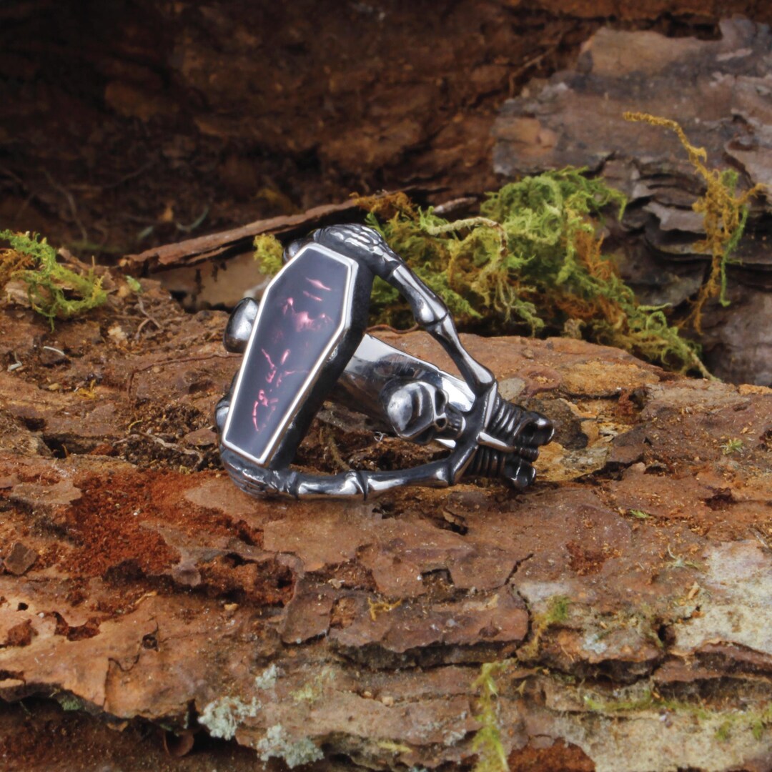 Purple Violet Radient Skeleton Holding Coffin Gemstone Ring, Stainless ...
