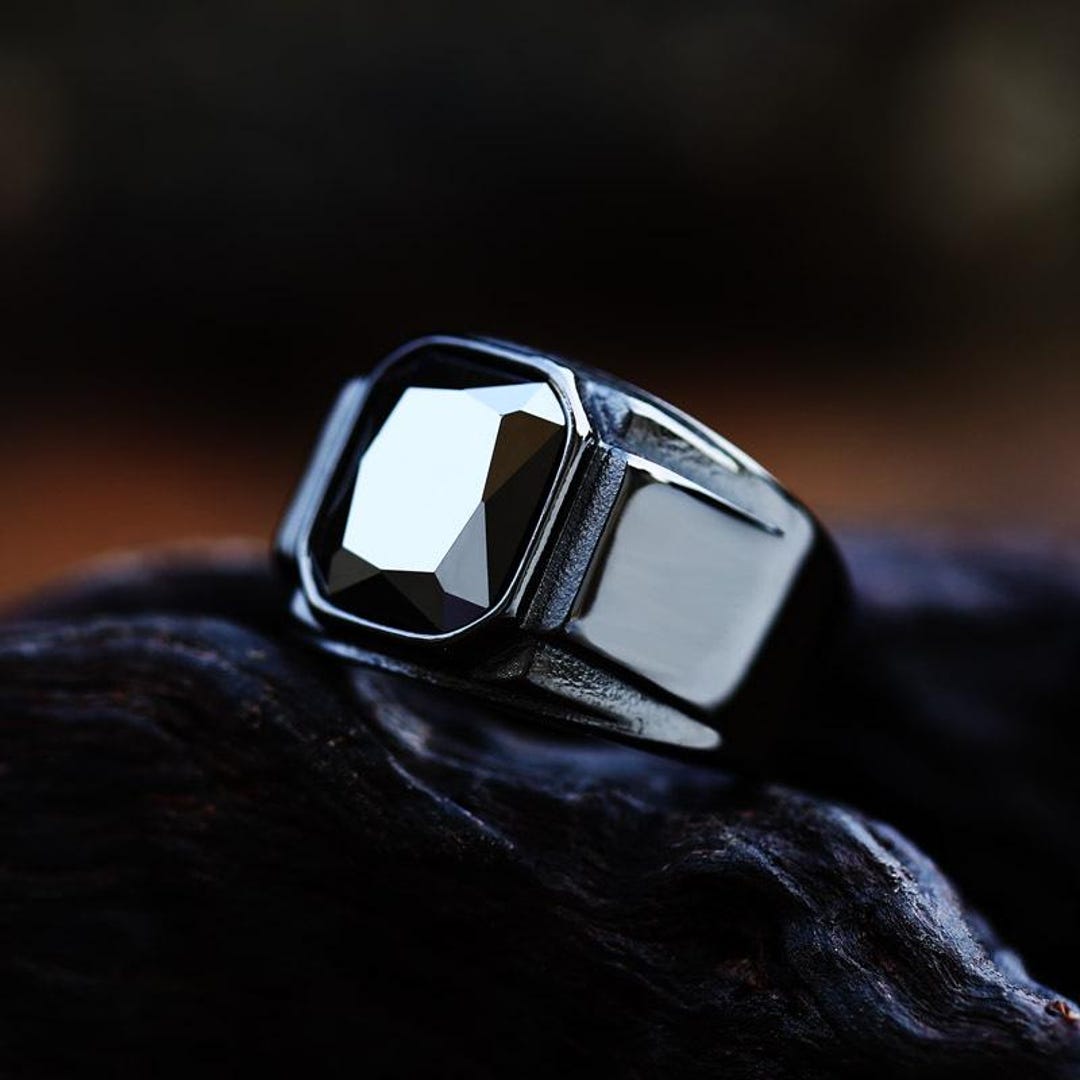 Black Obsidian Gemstone Titanium Ring, Gothic Celtic Stainless Steel ...