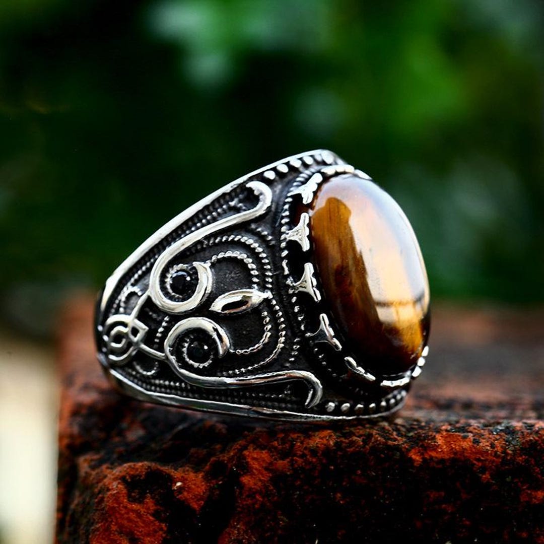 Carved Tigers Eye Gemstone Titanium Ring, Gothic Celtic Stainless Steel ...