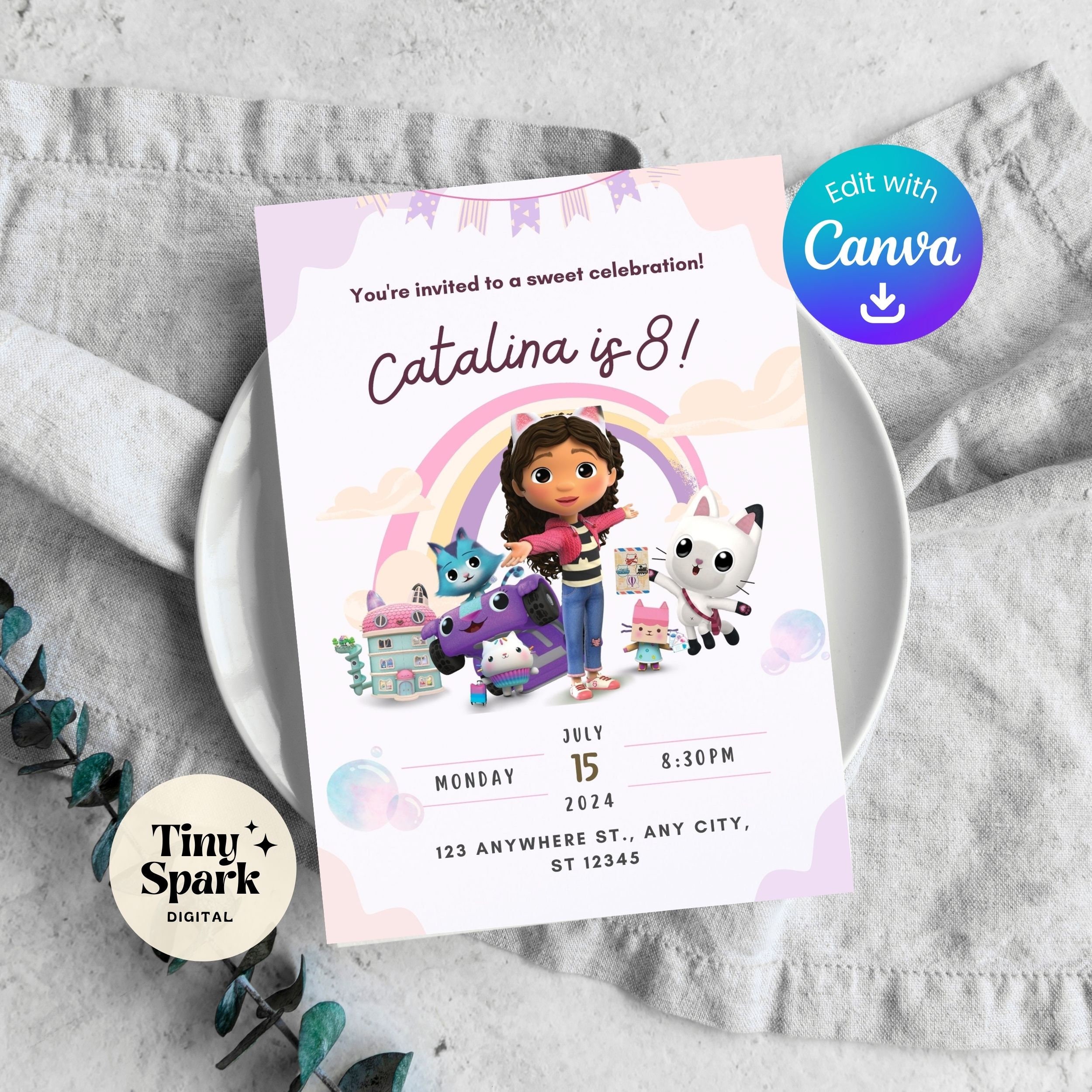 Editable Gabbys Dollhouse Birthday Invitation, Girls Pink Kids Gabby’s ...