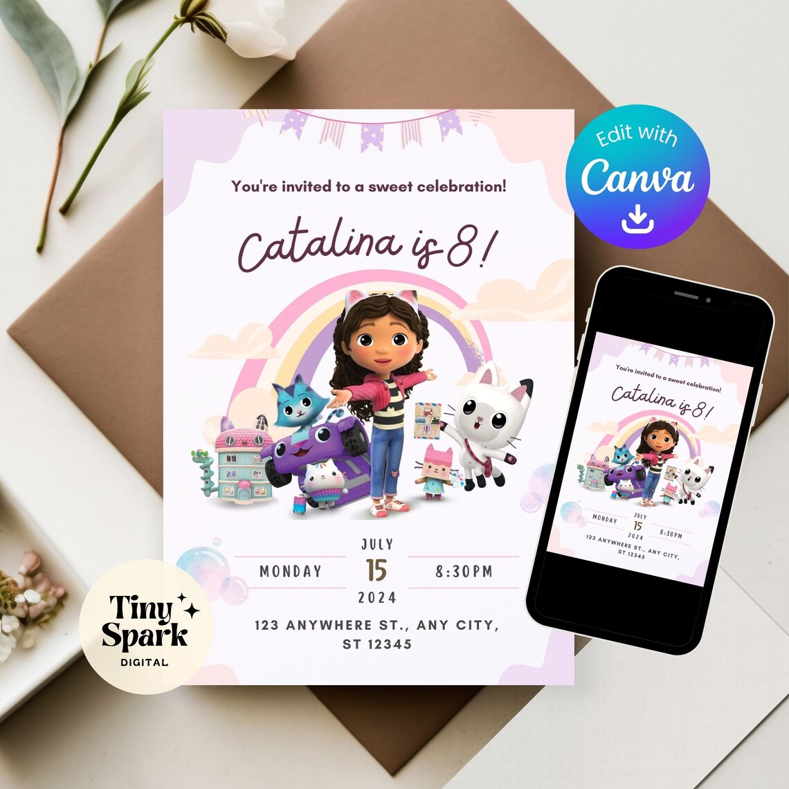 Editable Gabbys Dollhouse Birthday Invitation, Girls Pink Kids Gabby’s ...