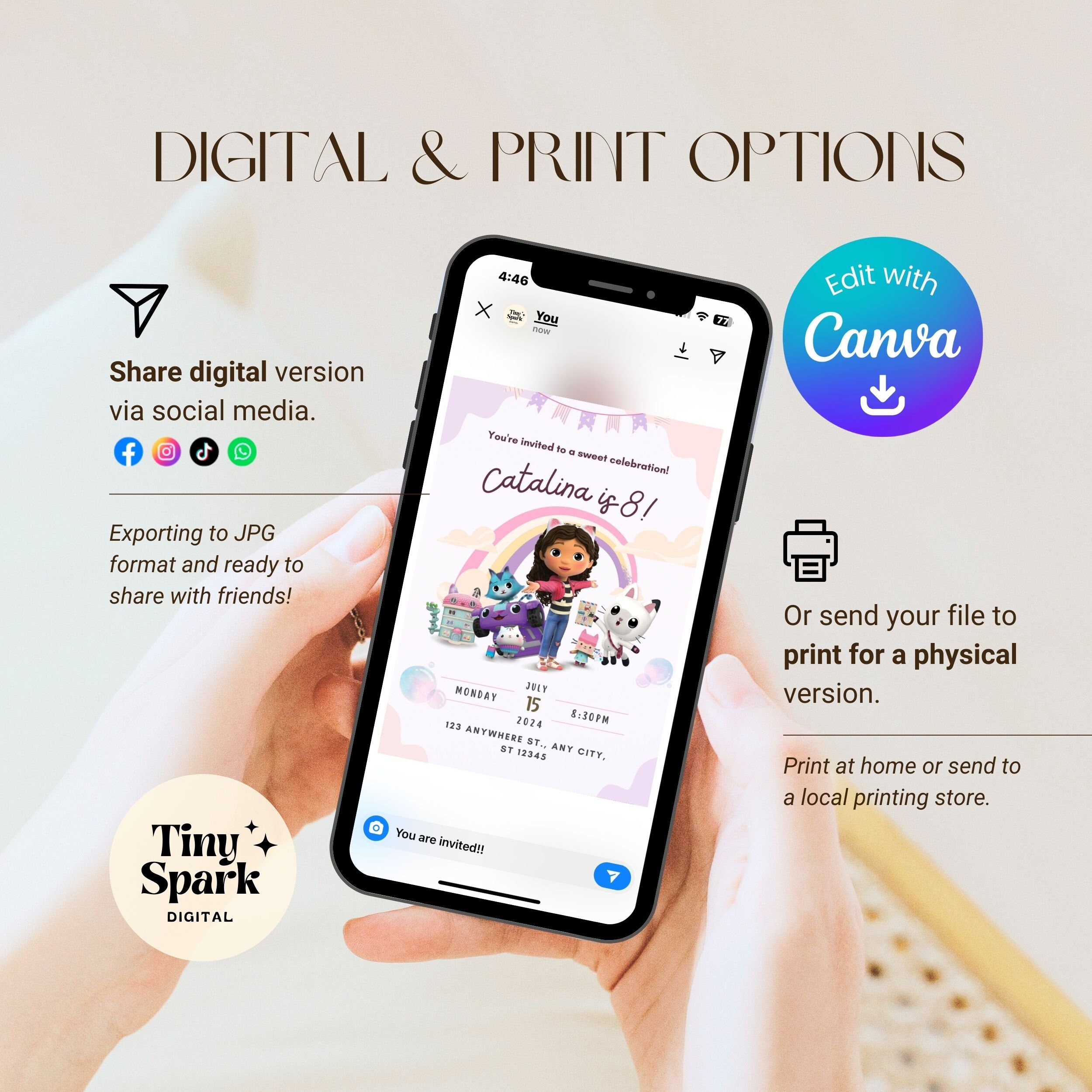 Editable Gabbys Dollhouse Birthday Invitation, Girls Pink Kids Gabby’s ...