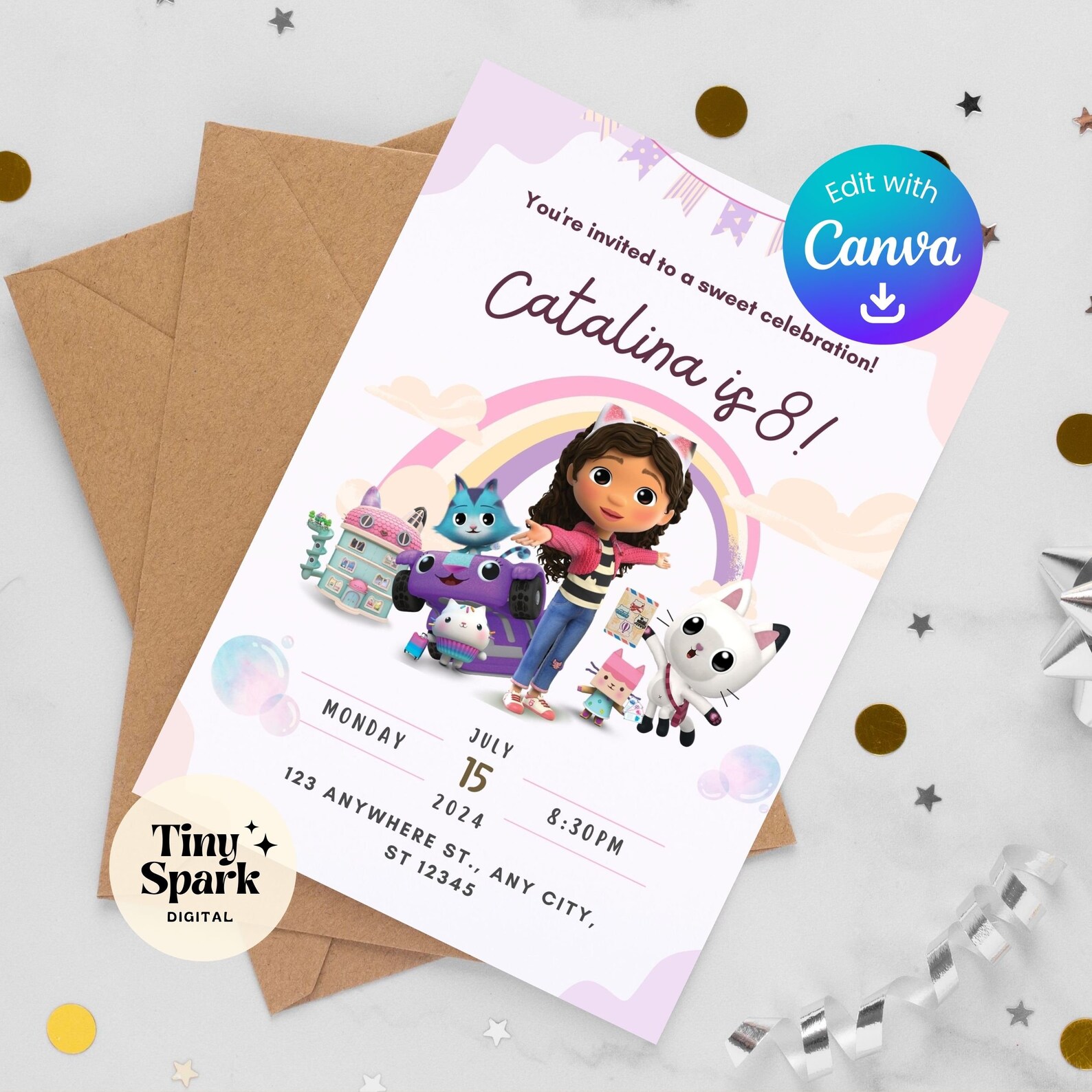Editable Gabbys Dollhouse Birthday Invitation, Girls Pink Kids Gabby’s ...