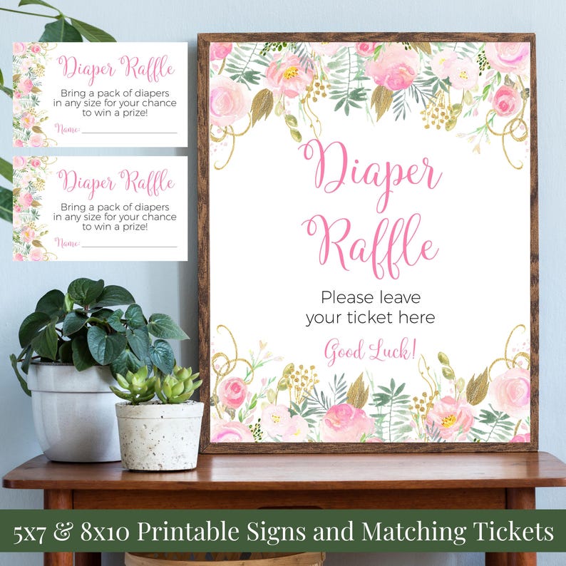 Diaper Raffle 5x7, 8x10 Printable Girl's Baby Shower Signs & Matching ...
