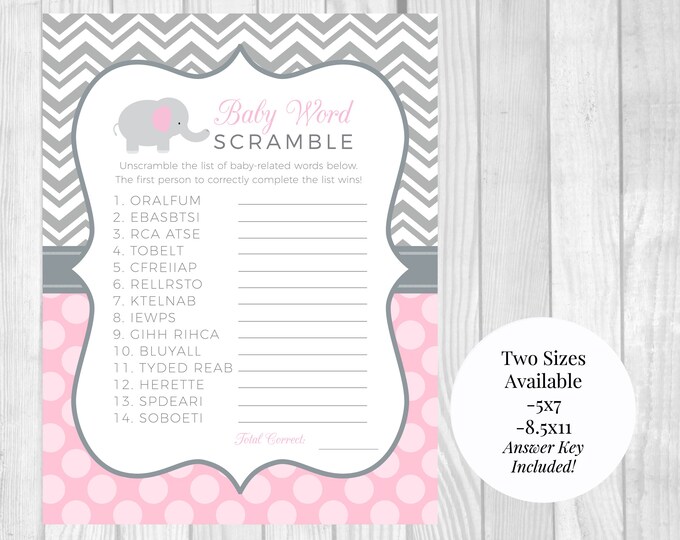 Baby Word Scramble Printable Pink and Gray Girl's Elephant Baby Shower ...