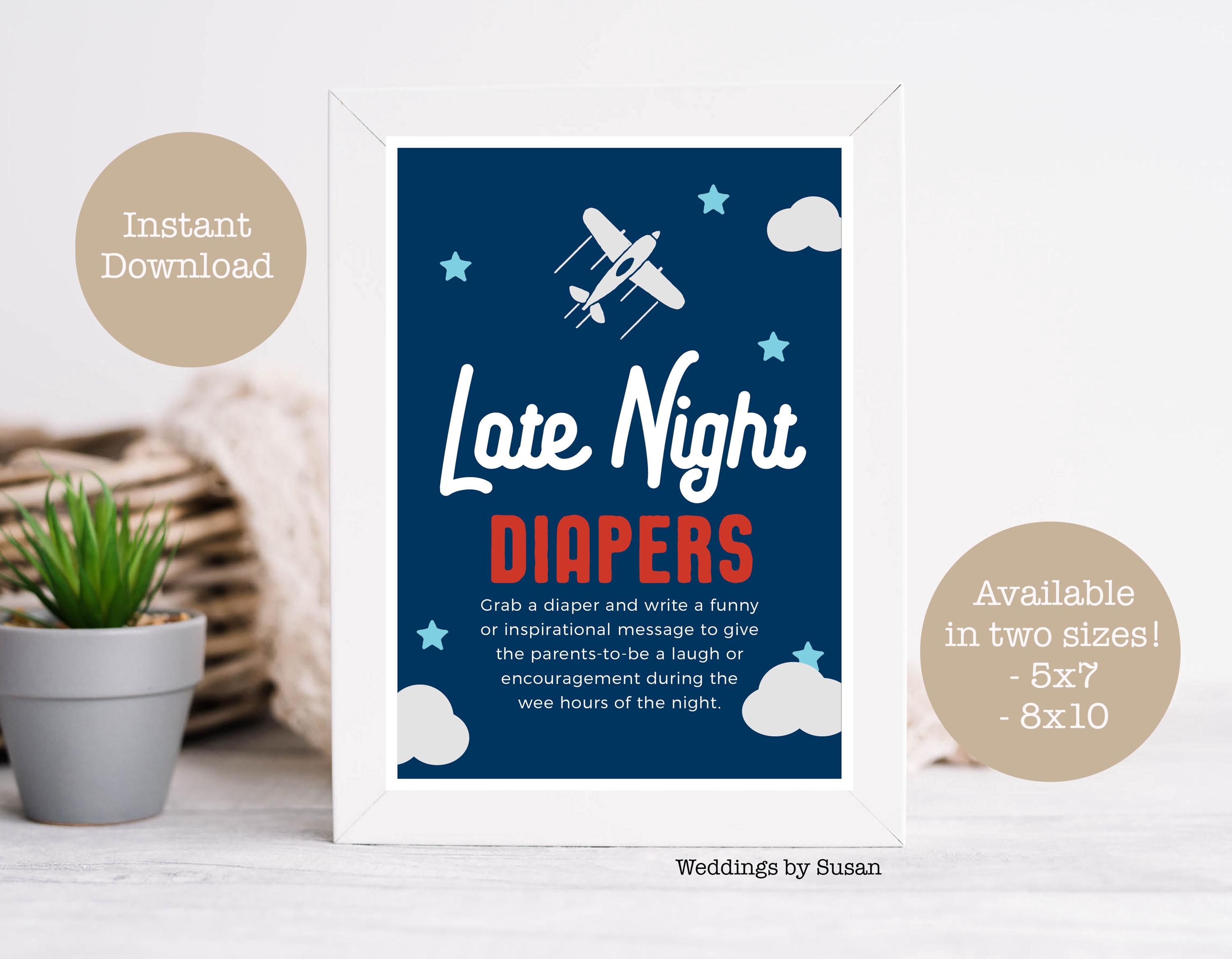 Late Night Diapers 5x7, 8x10 Printable Boy's Airplane Baby Shower Sign ...