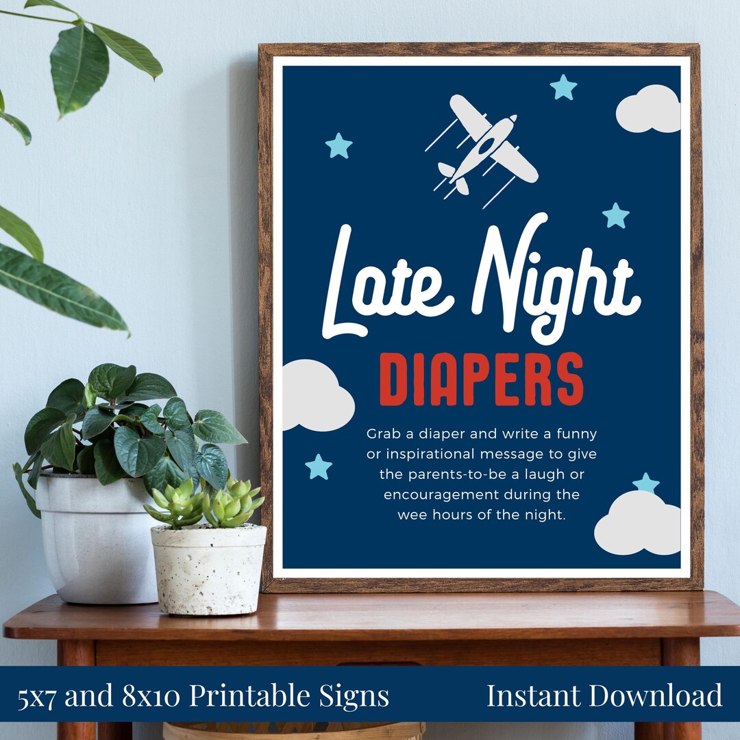 Late Night Diapers 5x7, 8x10 Printable Boy's Airplane Baby Shower Sign ...