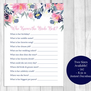 Who Knows the Bride Best Printable Bridal Shower Game, Navy Blue & Pink ...