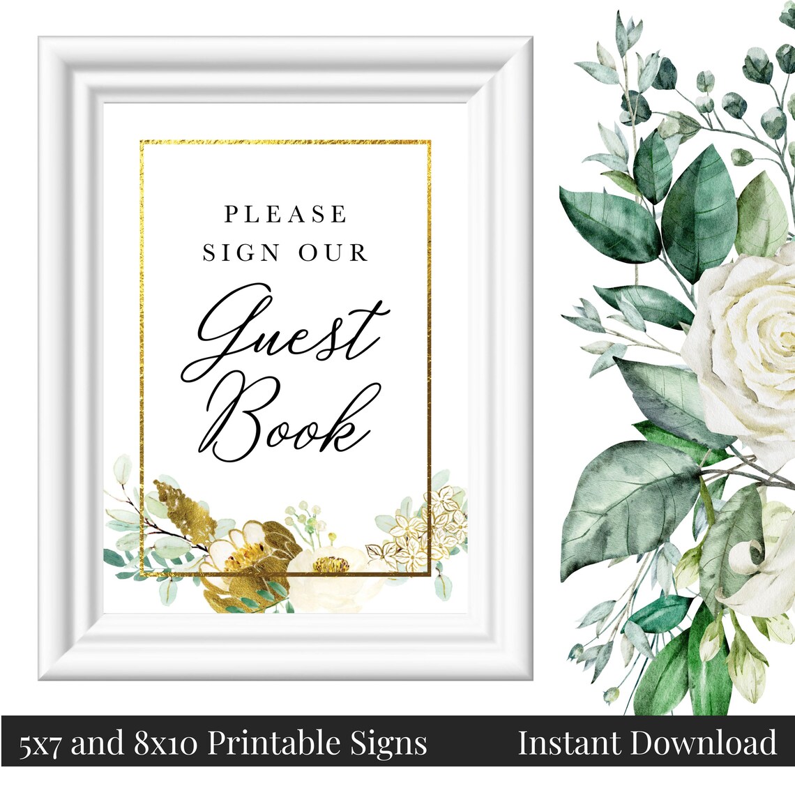 Please Sign Our Guest Book Printable 5x7, 8x10 Wedding Sign, White Gold ...