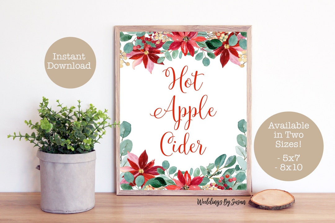Hot Apple Cider Bar 5x7, 8x10 Printable Christmas Party Sign, Red ...