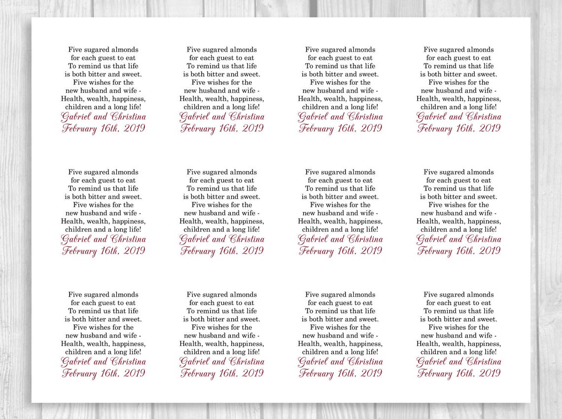 Custom Printable Sheet of Personalized Jordan Almond Poem | Etsy