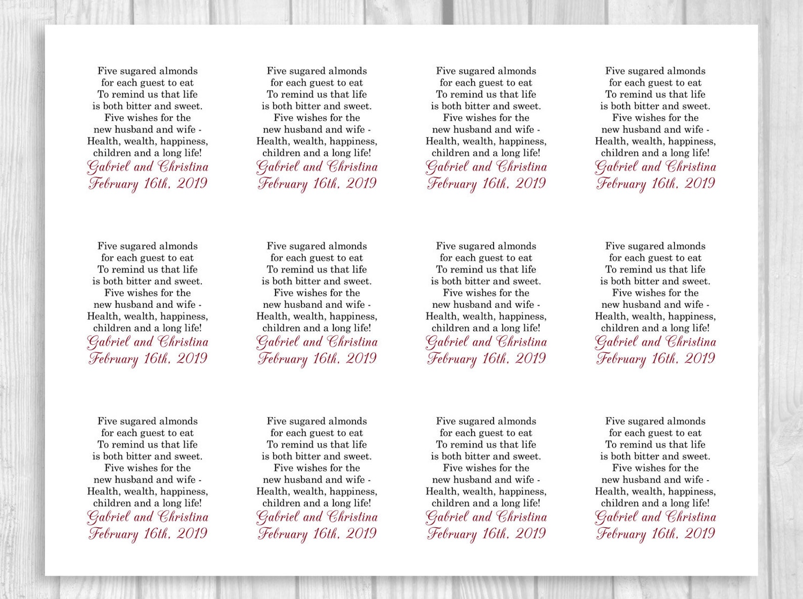 Custom Printable Sheet of Personalized Jordan Almond Poem | Etsy