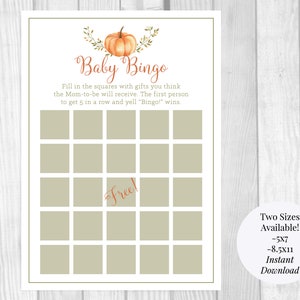 Pumpkin Baby Bingo Printable Baby Shower Game, Two Size Options ...