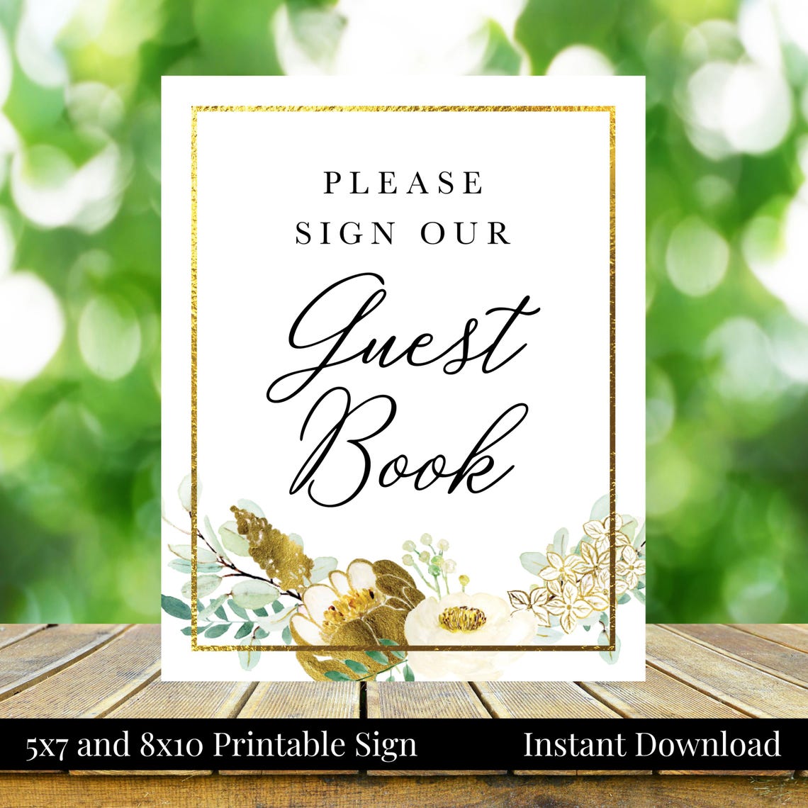 Please Sign Our Guest Book Printable 5x7, 8x10 Wedding Sign, White Gold ...