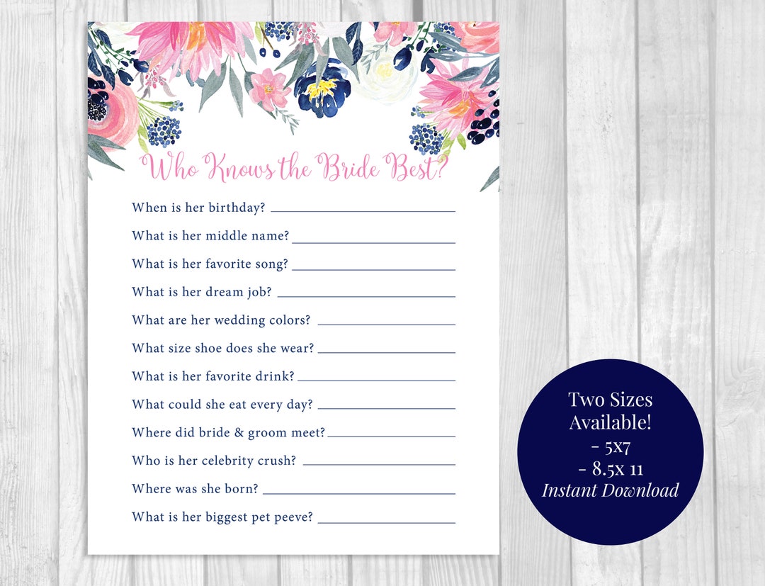 Who Knows the Bride Best Printable Bridal Shower Game, Navy Blue & Pink ...