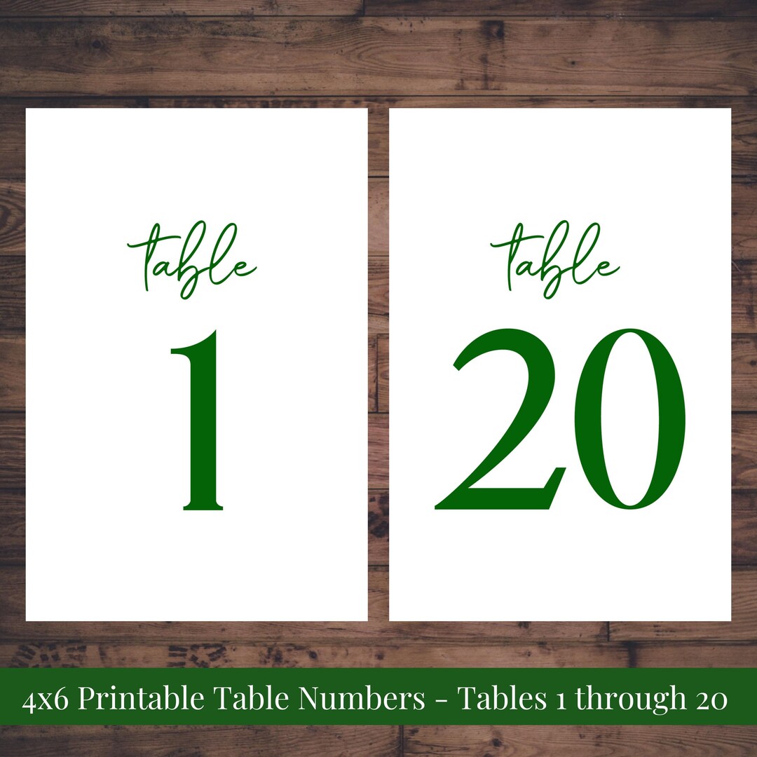 4x6 Printable Wedding Table Number Signs, Tables 1-20, Romantic Emerald ...