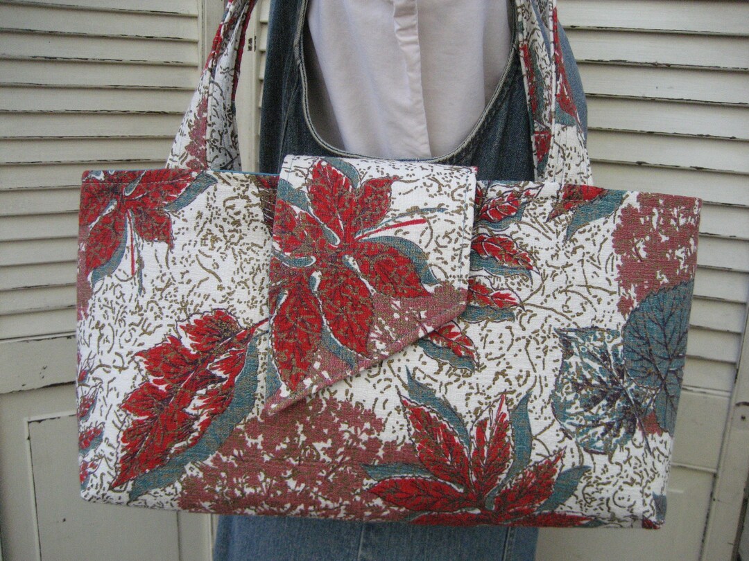 Vintage Barkcloth Bag 1950s Red & Teal Leaves RARE Barkcloth Etched in ...